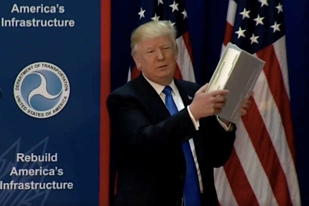Trumps Tosses Binders to Ground During Infrastructure Speech to Prove ...
